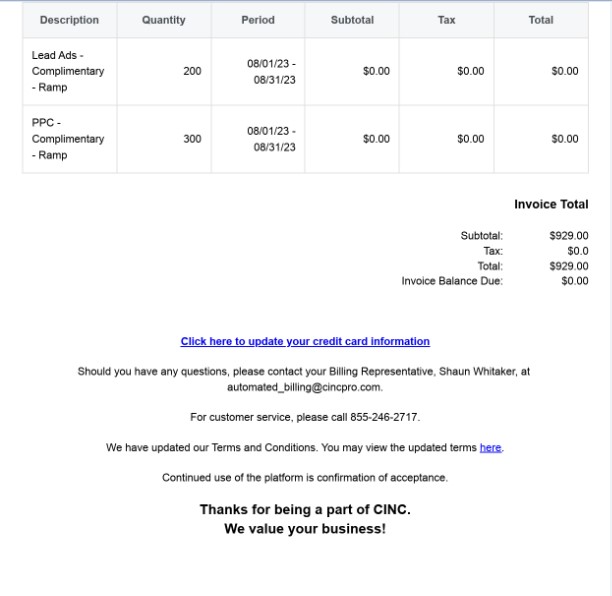 CINC Invoice Example