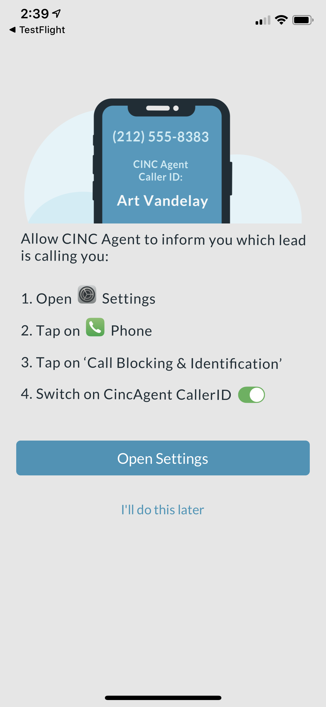 CINC Agent App Caller ID on iPhone