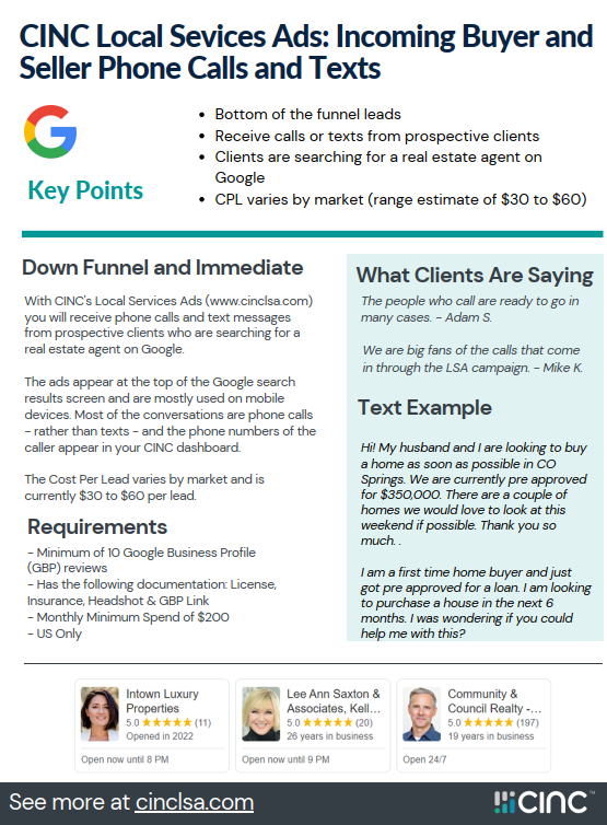 CINC Local Services Ads: Incoming Buyer and Seller Phone Calls and Texts