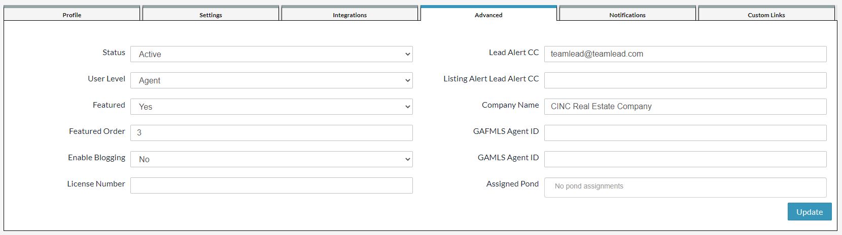Agent Profile Advanced Tab