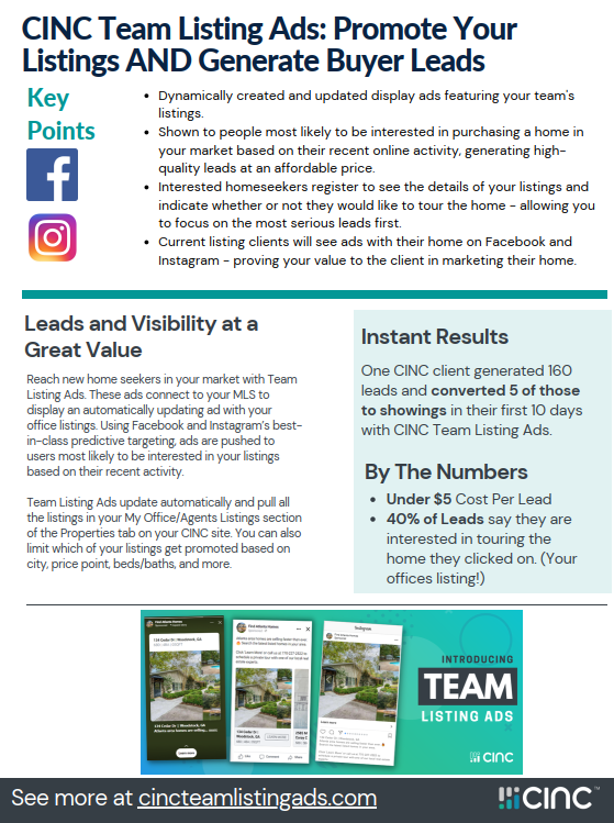 CINC Team Listing Ads: Promote Your Listings AND Generate Buyer Leads